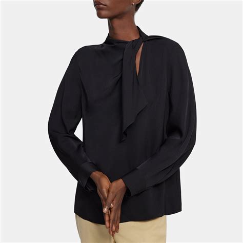 Black Silk Georgette Twisted Scarf Blouse Theory Outlet