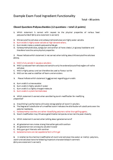 Example Exam On Food Ingredient Functionality Key Included Studeersnel