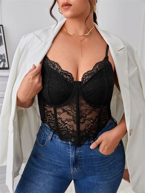 Black Sexy Collar Lace Floral Cami Embellished Medium Stretch Plus Size