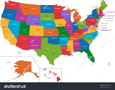 Colorful Usa Map States Capital Cities Stock Vector Royalty Free