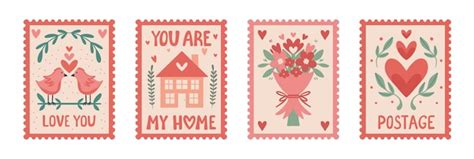 Premium Vector Set Of Valentines Day Postal Stamp With Romantic Elements