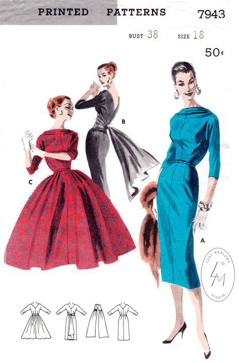 Vintage Sewing Pattern 1950s Evening Cocktail Dress Wiggle Dress Or