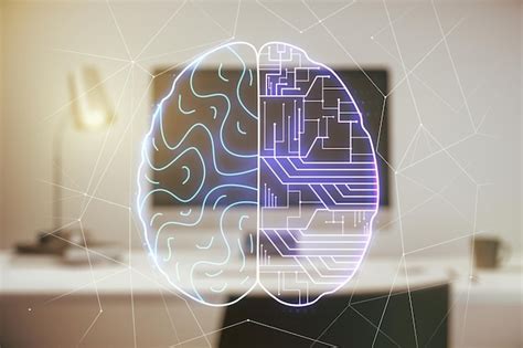 배경 신경망 및 기계 학습 개념에 현대적인 노트북이 있는 창의적인 인공 지능 기호의 이중 노출 프리미엄 사진