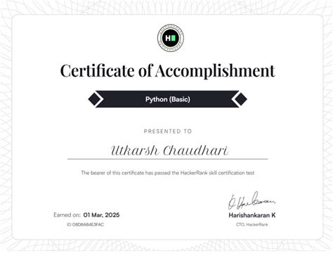 Utkarsh Chaudhari On Linkedin Python Certification Hackerrank Learning Programming Growth