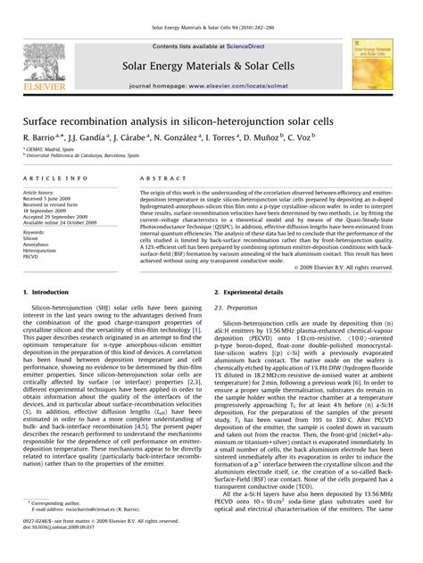Pdf Surface Recombination Analysis In Silicon Heterojunction Solar Cells