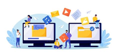 Premium Vector File Transfer Two Computers With Folders On Screen Transferred Documents Copy