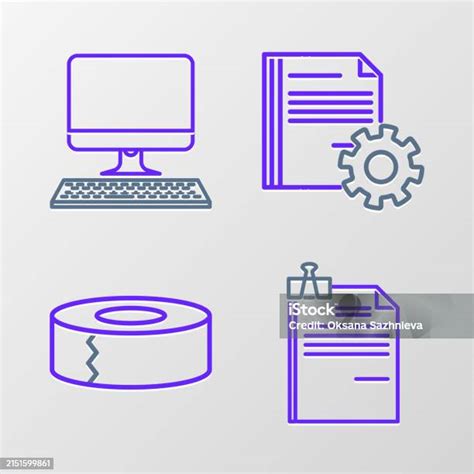 라인 설정 파일 문서 및 바인더 클립 스카치 기어가 있는 문서 설정 및 컴퓨터 모니터 키보드 아이콘 벡터 디자인에 대한 스톡 벡터 아트 및 기타 이미지 Istock