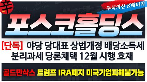 Posco홀딩스 주가전망 속보 야당 상법개정 배당소득세 분리과세 당론채택확정 12월 시행 골드만삭스 트럼프ira폐지