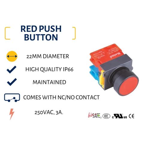 Koino Red Push Button Control Switch Ip66 Maintained Push Lock Ns22 Pa 250vac 3a 22mm 1no