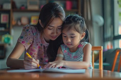 Happy Asian Mother Helping Her Daughter Doing Homework Premium Ai