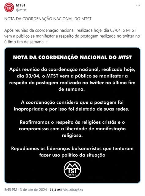 MTST Exclui Postagem Sobre Jesus E Diz Que Ela Foi Inapropriada Brasil Pleno News