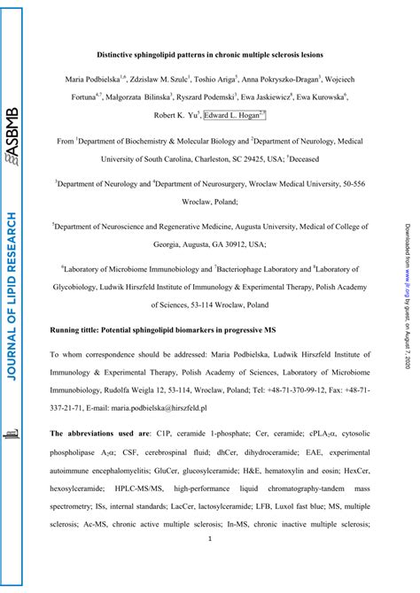 Pdf Distinctive Sphingolipid Patterns In Chronic Multiple Sclerosis Lesions