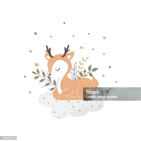 귀여운 작은 붉은 사슴이 구름 위에서 자고 있습니다 흰색 배경에 포스터 패브릭 프린트 및 어린이 카드를위한 어린이 일러스트레이션