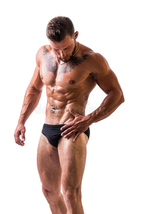 Handsome Topless Muscular Man Standing Stock Image Image Of Side