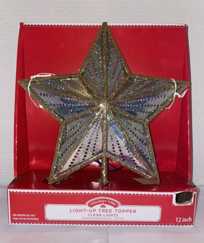 Holiday Time Light Up Tree Topper Clear Lights 12” Christmas Star Gold