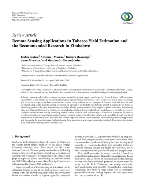 Pdf Remote Sensing Applications In Tobacco Yield Estimation And The Recommended Research In