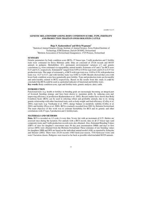 Pdf Genetic Relationship Among Body Condition Score Type Fertility And Production Traits In