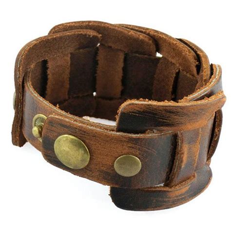 Retro Genuine Leather Belt Wristband Bangle Snaps Fastener Cuff Brac