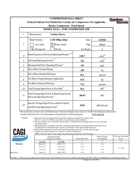 Cagi Data Sheet L250 340hp 125psi Water 7 9 20 Pdf Energy
