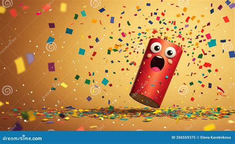 Surprised Cartoon Firecracker Is Exploding Throwing Colorful Confetti Everywhere On A Gold