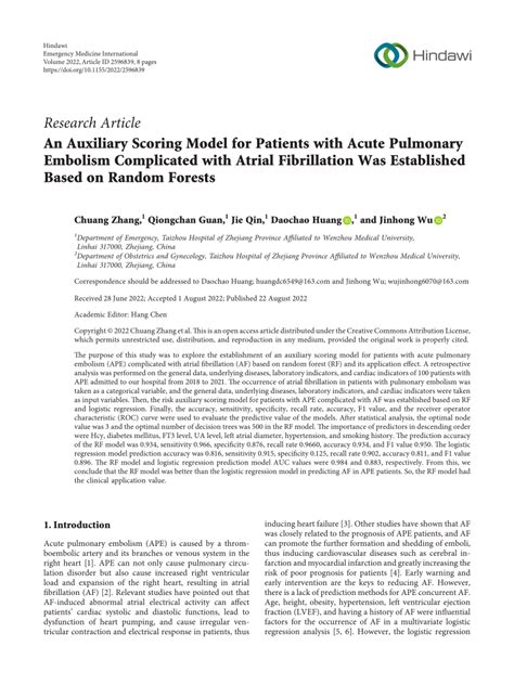 Pdf An Auxiliary Scoring Model For Patients With Acute Pulmonary Embolism Complicated With