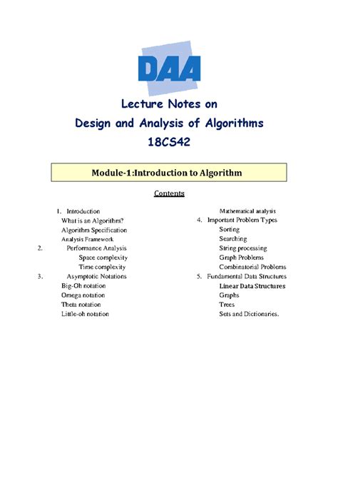 Daa M Notes Ada Notes Module Introduction To Algorithm Lecture Notes On Design And