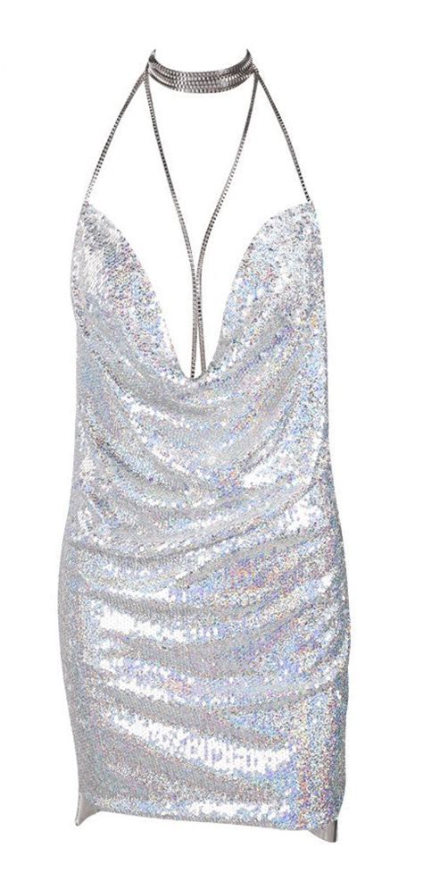 Sexy Deep V Halter Split Sequin Backless Metal Dress So Chic Fashions