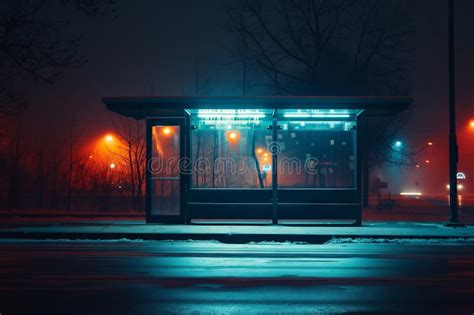 A Bus Stop In Electric Blue Lights Surrounded By Snow At Midnight