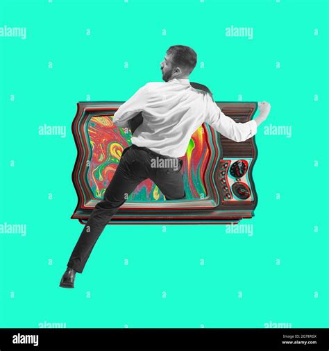 Teleportation To The Past Young Man Steps Into Retro Tv Set