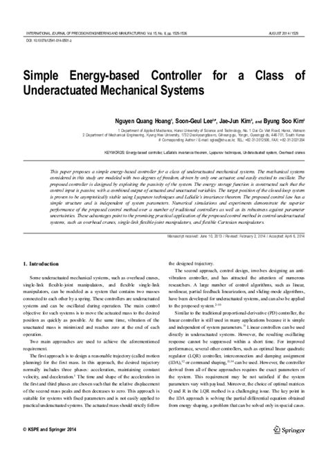 Pdf Energy Based Control For Underactuated Systems