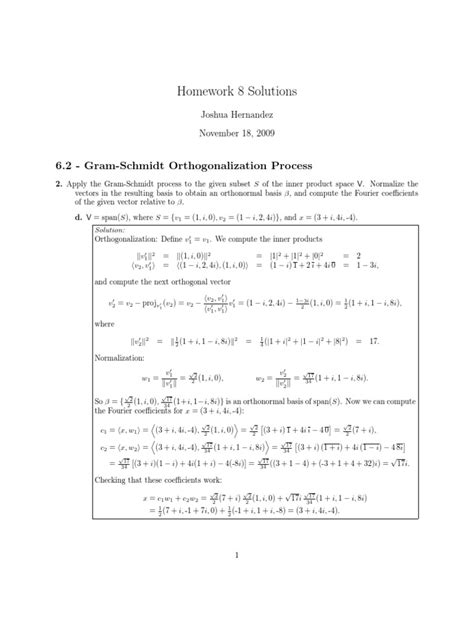 Homework 8 Solutions 62 Gram Schmidt Orthogonalization Process