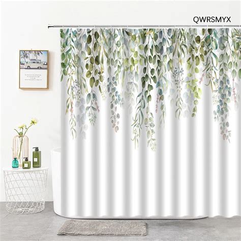 Green Leaves Shower Curtain Watercolor Leaf Curtain Fabric Floral