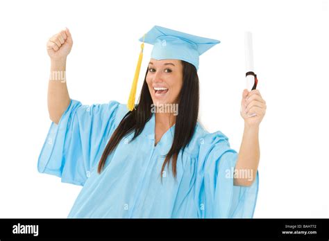 Una mujer caucásica vestido de graduación en azul claro y muy
