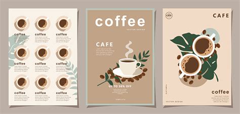 초대장 카드 배너 포스터 표지 카페 메뉴 또는 다른 템플릿에 대한 최소한의 배경에 커피 콩 머그잔 및 잎으로 디자인 된 배너 세트 벡터 일러스트 레이 션 10월에 대한 스톡