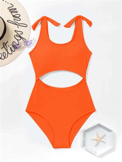 Shein Swim Vcay Neon Orange Tie Shoulder Cut Out One Piece Swimsuit
