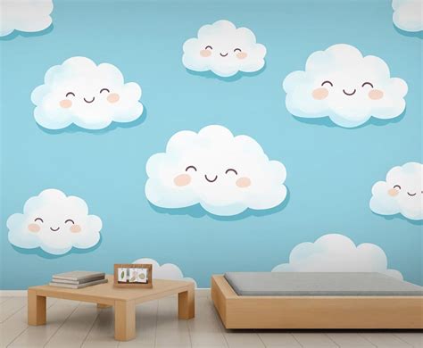 Cartoon Clouds Wall Mural Nursery Smiling Clouds Wall Murals Light Blue Hd Photo For Living