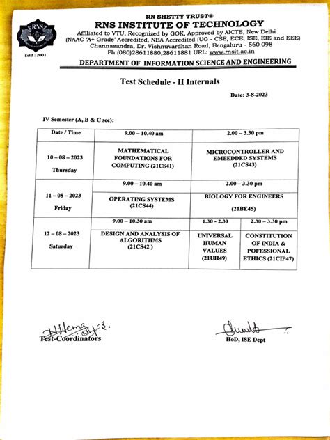 4th Sem Test 2 Time Table Pdf Science And Mathematics Technology