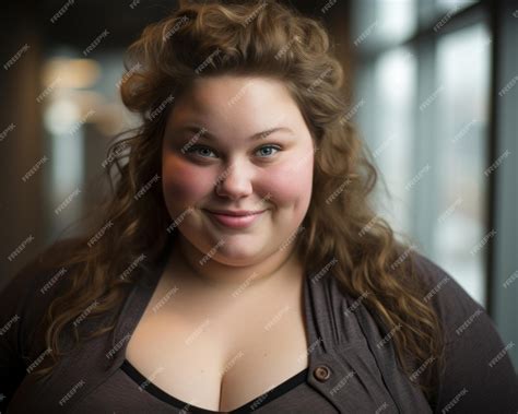 Eine Frau Mit Großen Brüsten Lächelt In Die Kamera Premium Foto