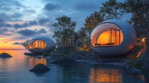 Unique Modern Bubble Homes By The Ocean At Sunset Surrounded By Nature Stock Image Image Of