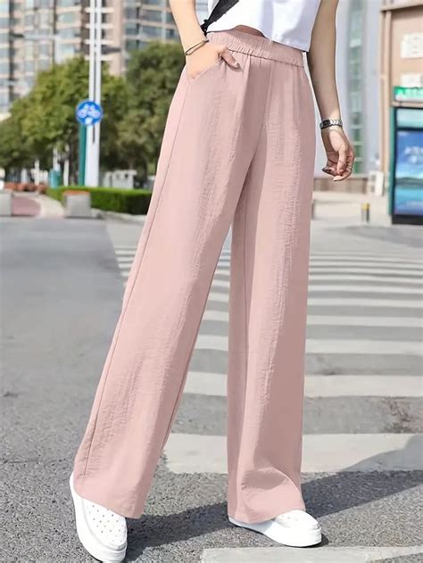 Solid Wide Leg Pants Casual Elastic Waist Long Length Pants Temu In