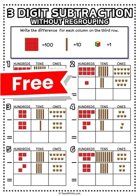 3 Digit Subtraction Without Regrouping Worksheets Teach Prints