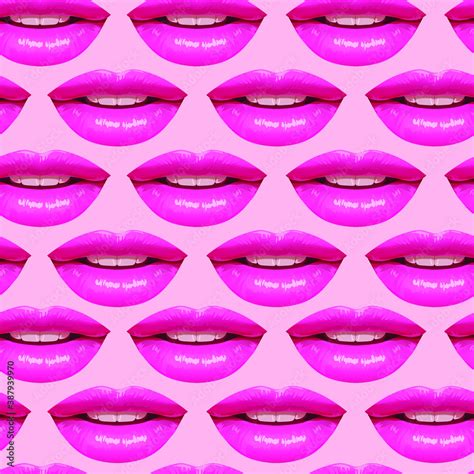 Sexy Lips Seamless Pattern Bright Lipstick Pink Lips Fashion Illustration Stock Vector