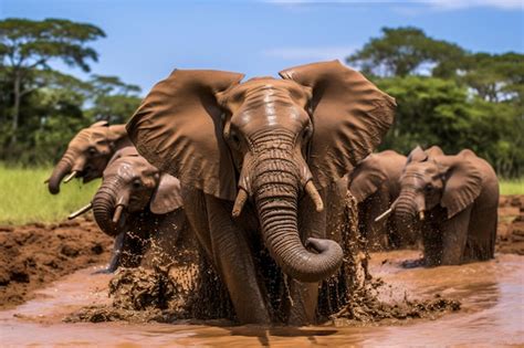 Premium AI Image A Herd Of Elephants Walking Through A Muddy Field