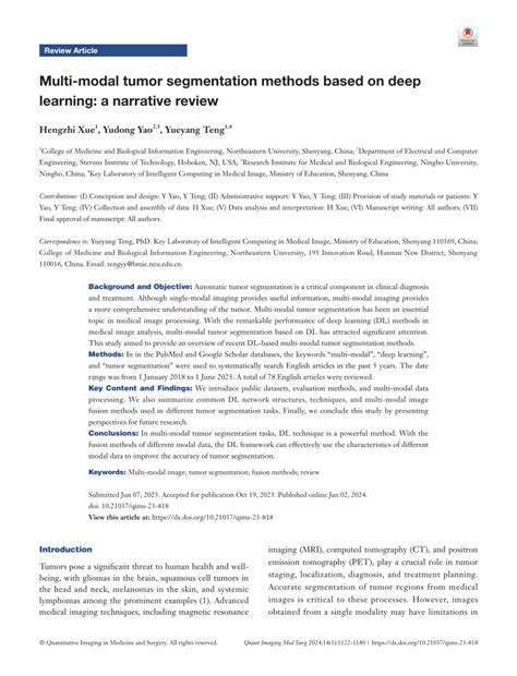 Pdf Multi Modal Tumor Segmentation Methods Based On Deep Learning A Narrative Review