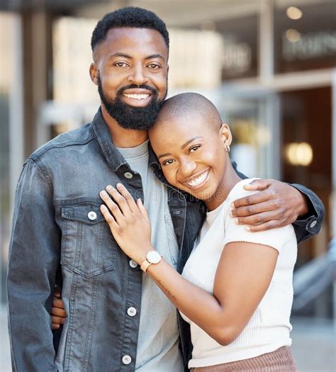 Black Couple Portrait And Hug In City For Love Care And Happiness On