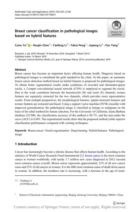 Breast Cancer Classification In Pathological Images Based On Hybrid Features Request PDF