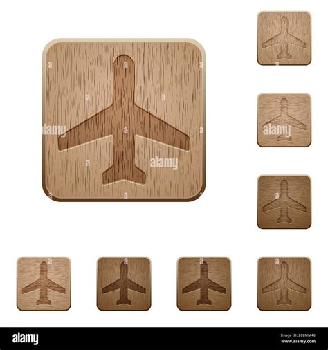 Set Of Carved Wooden Airplane Buttons 8 Variations Included Arranged Layer Structure Stock