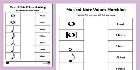 musical note values matching worksheet teacher made