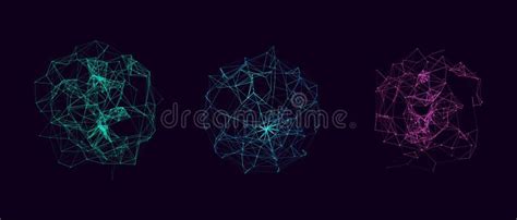 Set Of Abstract Colorful Spheres From Points And Lines On Dark Background Network Connection