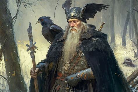 Odin Skandinavian God With His Ravens Huginn Muninn Concept